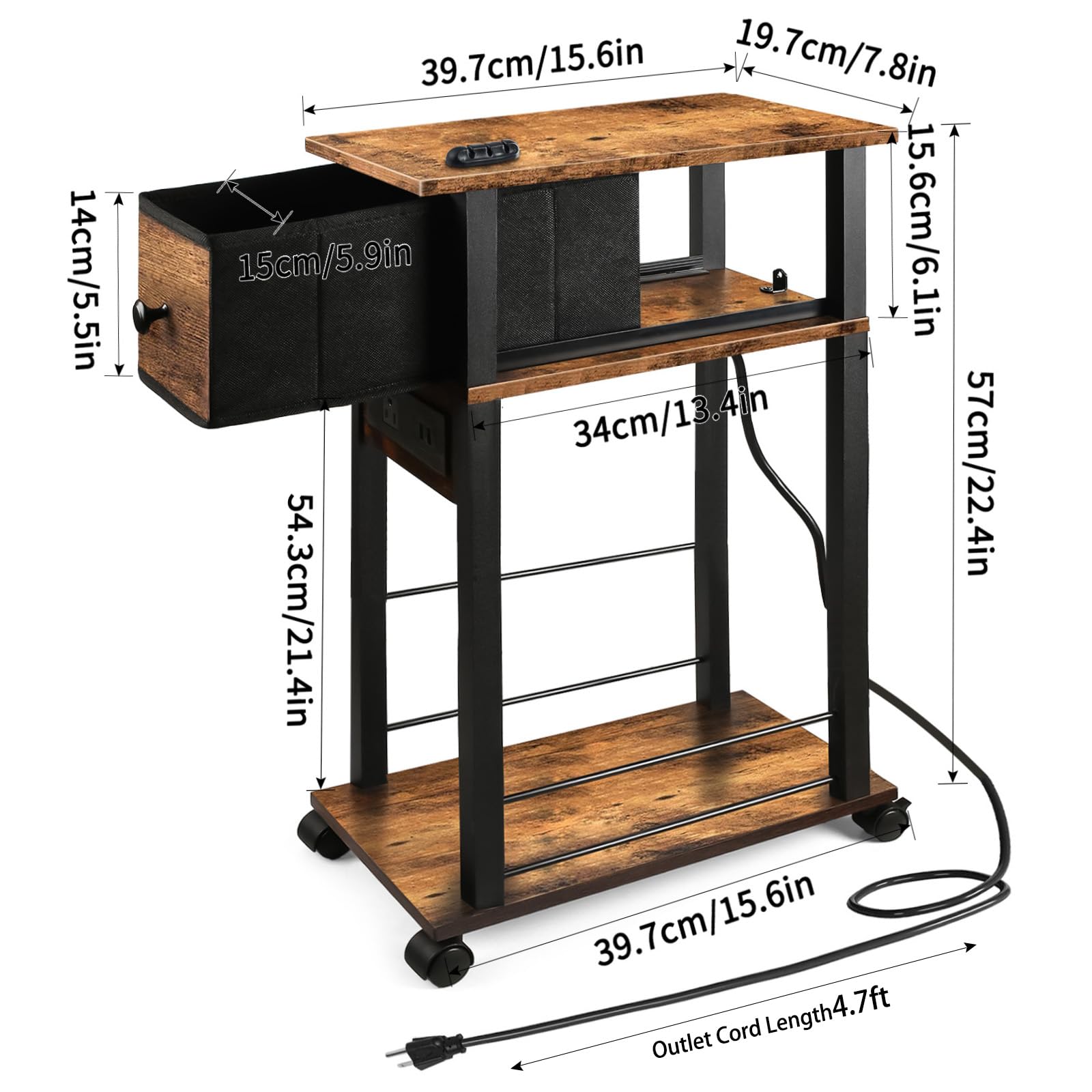 DGSANDGO Side Table with Charging Station and Drawer, Narrow End Table with USB Ports and Outlets for Small Space, Living Room, Bedroom and Office, with 4 Wheels Rustic Brown and Black