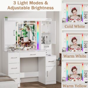 Hiwelldas Vanity Desk with Mirror and Lights, 43.3'' Large Makeup Vanity with RGB Ambient Light & Power Outlet, Dressing Table with 7 Drawers, 3 Cabinets, 6 Hooks,1 Dryer Rack,White