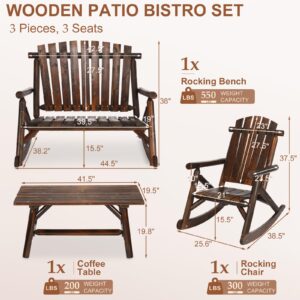 HOMEDIARY 3-Piece Outdoor Wood Rocking Bistro Set, Adirondack Rocker Chair Set with Rocking Bench, Log Rocker and Coffee Table, Patio Wooden Furniture Set, High Fanned Back & Slatted Seat, Carbonized