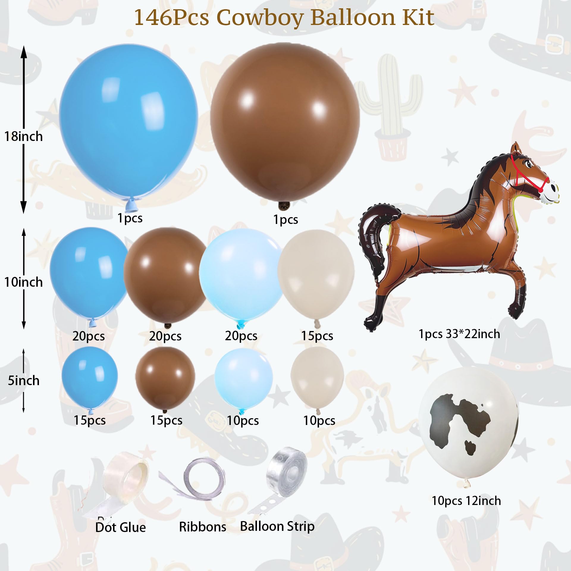 146pcs Cowboy Balloon Arch Brown, Blue, Cow Print Balloons Giant Horse Balloon Farm Highland Cow Vaquero Party Decorations Western & Rodeo Birthday Holy Cow Baby Shower Themed Party Supplies For Boy