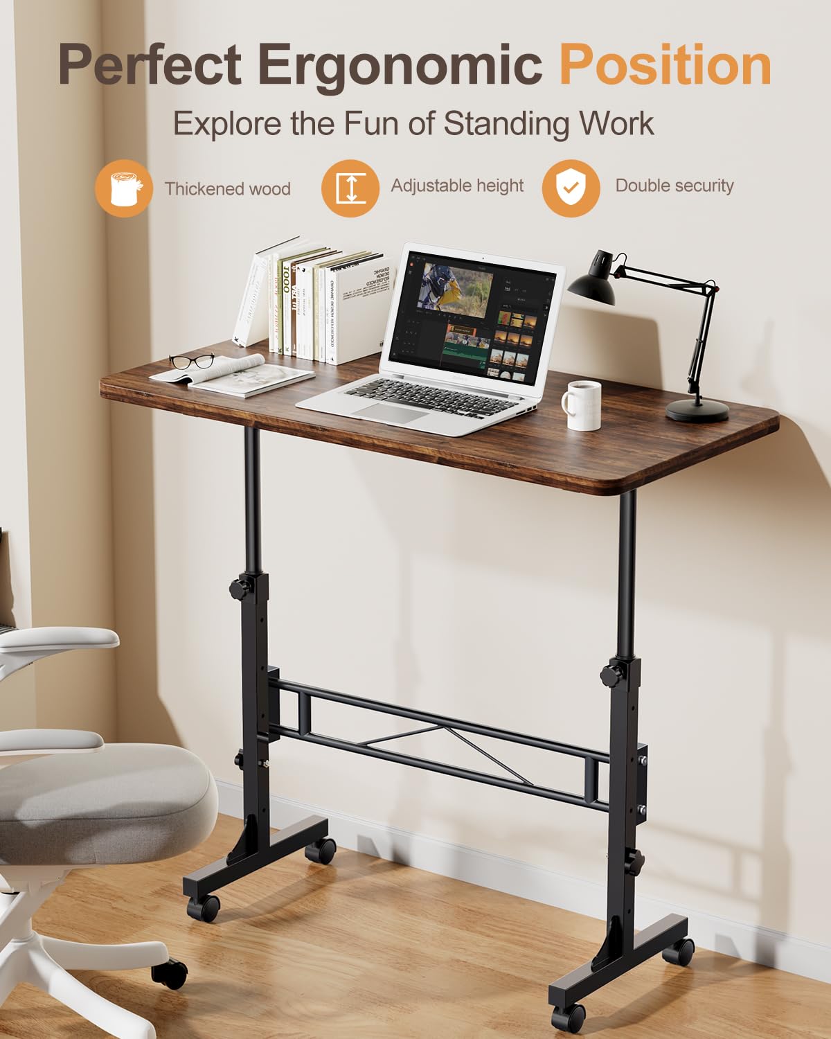 Small Standing Desk Adjustable Height, Mobile Stand Up Desk with Wheels, 32 Inch Portable Rolling Desk Small Computer Desk, Portable Laptop Desk Standing Table Rustic