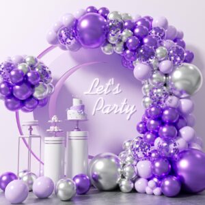 hkyood 128pcs purple balloons garland arch kit - 18 12 10 5 inch pastel purple metallic purple metallic silver latex balloon for birthday baby shower bridal shower wedding princess party decorations