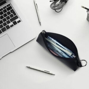 Fmeida Small Pencil Case - Velvet Lined Pencil Pouch PU Leather Pencil Bag Portable Office Stationery Pouches - Black