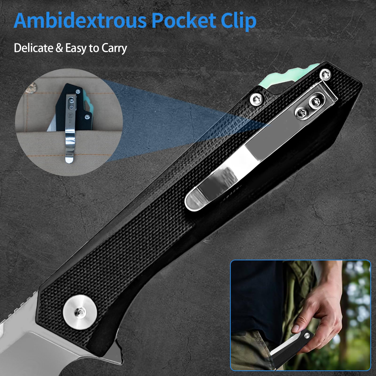 bunnyedge Pocket Folding Knife D2 Steel Blade G10 Handle Small EDC Knife with Pocket Clip for Men Women, Sharp Camping Survival Hiking Knives, Black - 111A