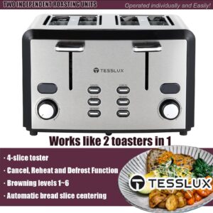 Tesslux 4 Slice Toaster, Wide Slot Bread Toaster with 6 Shade Settings, Stainless Steel Toaster with LCD Display, Removable Crumb Tray, Cancel/Defrost/Reheat Function, 1400W