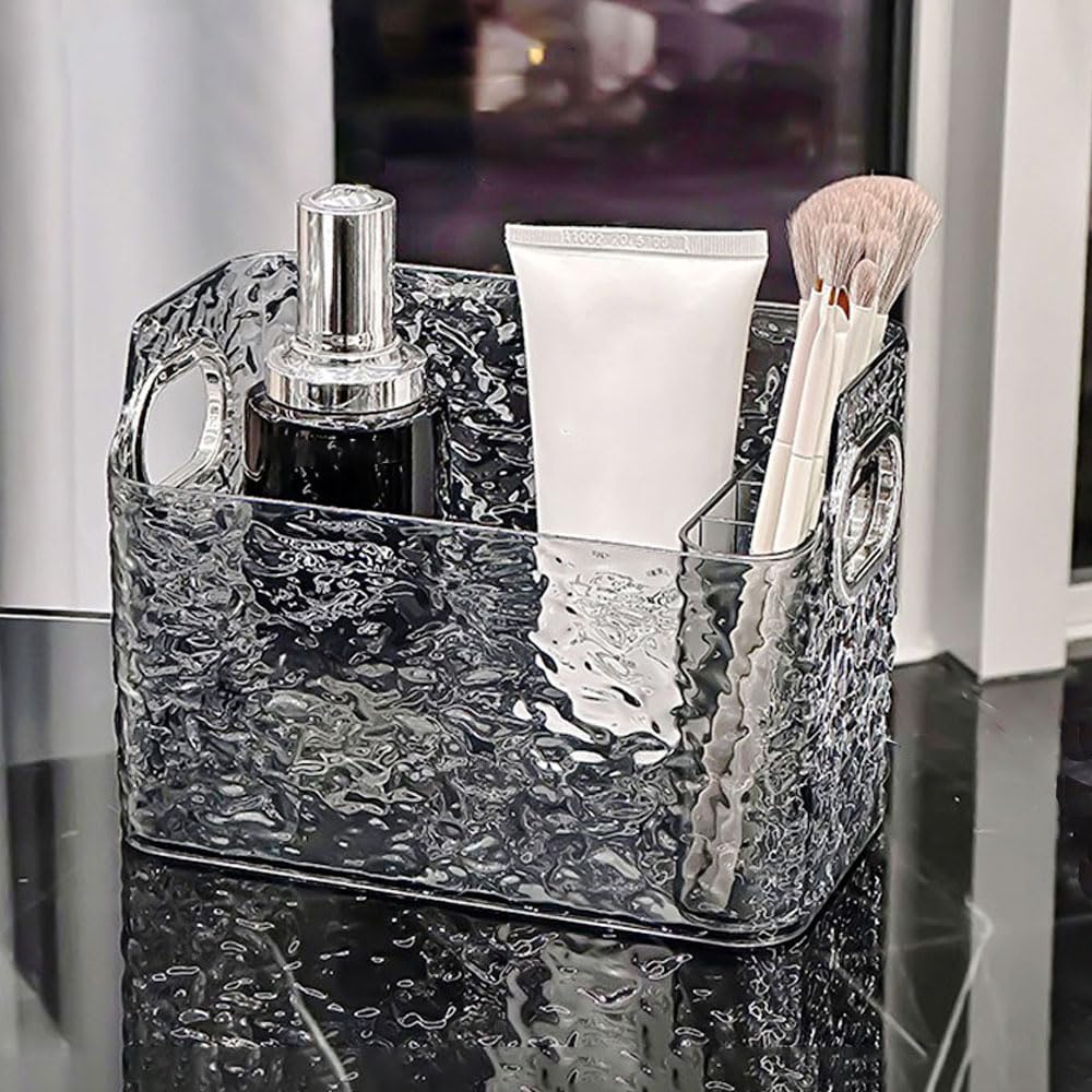 Bathroom Vanity Tray, Makeup Organiser, Skincare Organiser Beauty Caddy Storage Box for Dresser & Bathroom, Decorative Dresser Tray, Vanity Organiser with 1 Movable Inner Case, Clear/Grey