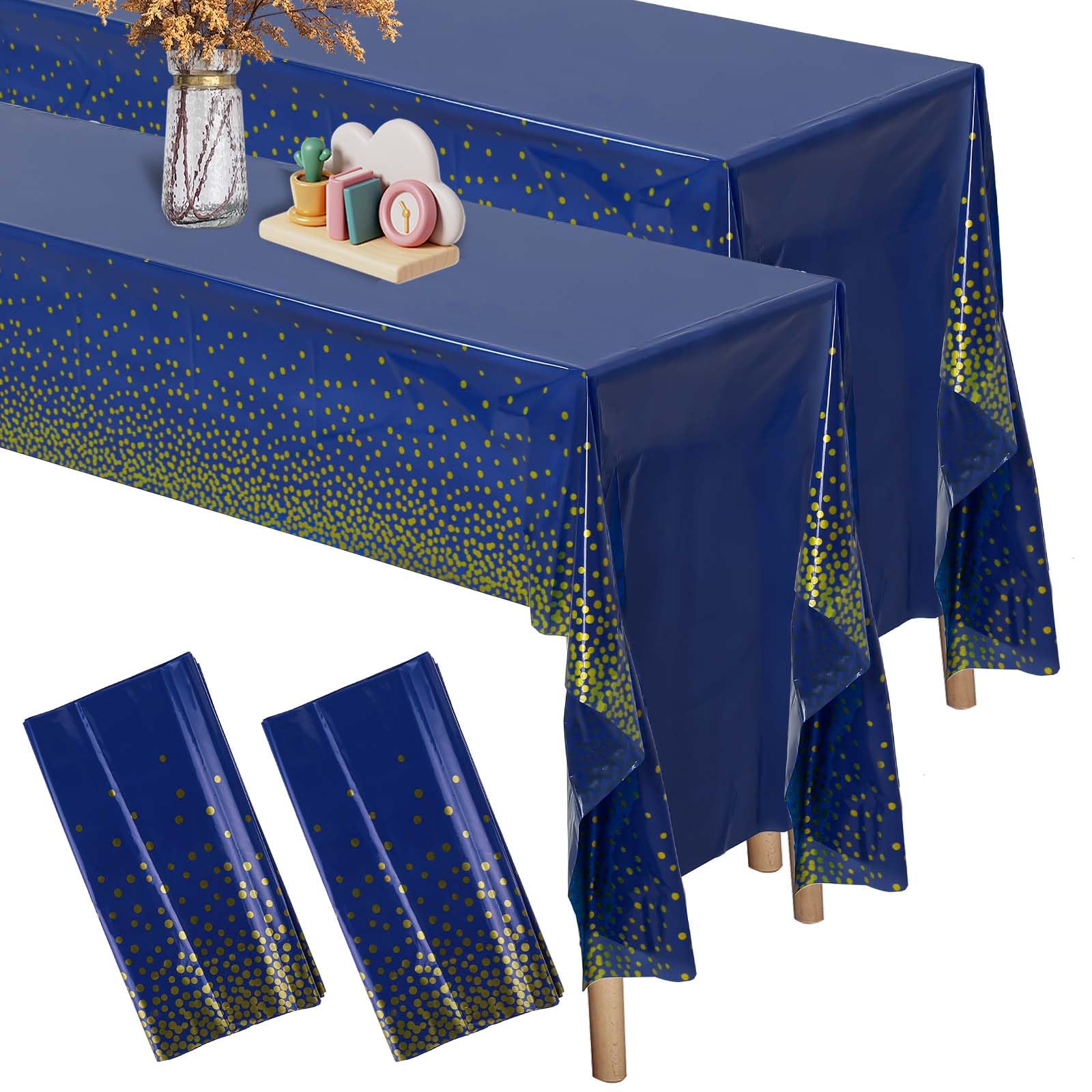 2 Pack Plastic Navy Blue Tablecloths, 54" × 108" Disposable Gold Dot Dark Blue Party Table Covers Deep Blue Table Cloths Peva Party Tablecovers for Party Decoration Fine Dining Anniversary Graduation