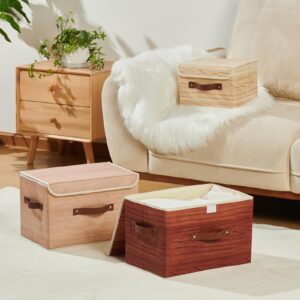 VinneGenzz Storage Boxes with Lid Decorative Wood Pattern Fabric Storage Bins Organizer Containers Collapsible Washable Shelf Baskets Faux Leather Handles for Home Bedroom Closet (Ash Wood, Small)