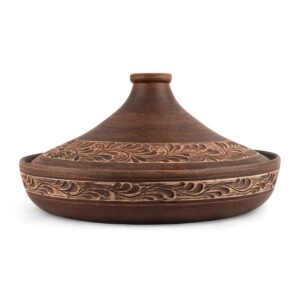 handmade red clay stoneware tajine. engobe décor, cone-shaped closed lid, tagines pots with pre seasoned cast iron diffuser, caribbean one-pot tajine cooking, cookware gift (red 2.1 qt (2l))