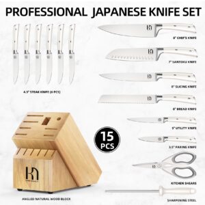 2024 Upgraded Knife Set Premium Japanese 15 Piece High Carbon Stainless Steel Kitchen Knife Block Sets with Sharpener, Razor Sharp Knives Set for Kitchen with Angled Natural Wood Knife Block