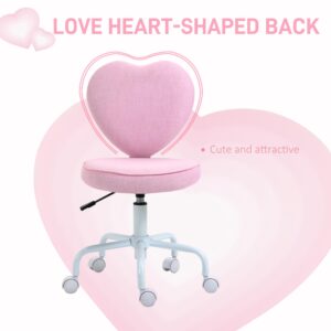 HOMCOM Heart Love Back Armless Office Chair, Comfortable Desk Chair with Adjustable Height, Cute Fabric Vanity Chair with 360 ° Swivel Wheels, Pink