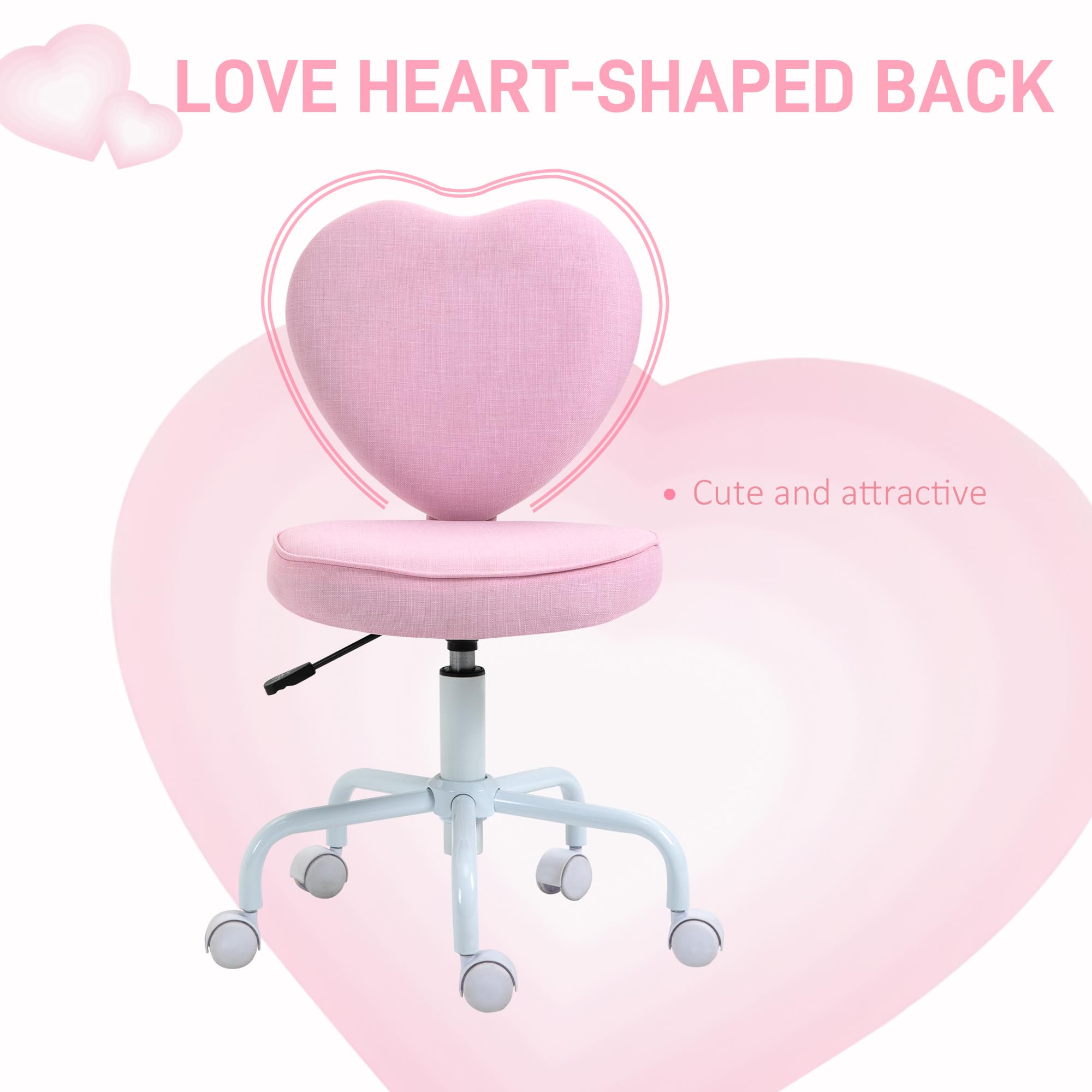 HOMCOM Heart Love Back Armless Office Chair, Comfortable Desk Chair with Adjustable Height, Cute Fabric Vanity Chair with 360 ° Swivel Wheels, Pink