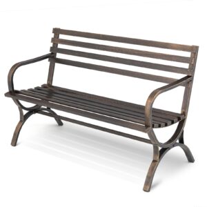 monibloom 50" patio bench for 2 person, metal frame patio park bench with slatted seat and backrest, arch legs outside bench for porch, lawn and garden, bronze