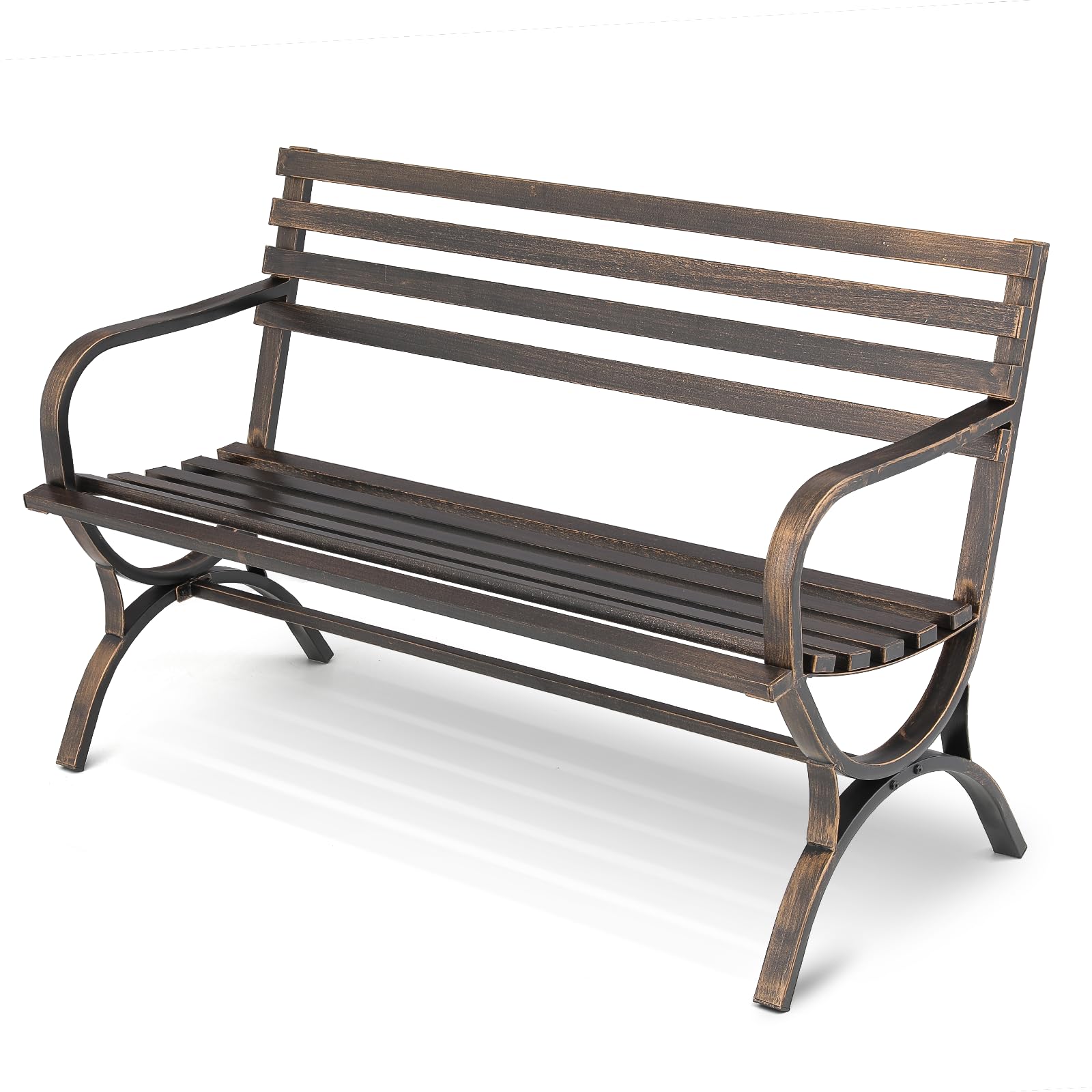 MoNiBloom 50" Patio Bench for 2 Person, Metal Frame Patio Park Bench with Slatted Seat and Backrest, Arch Legs Outside Bench for Porch, Lawn and Garden, Bronze