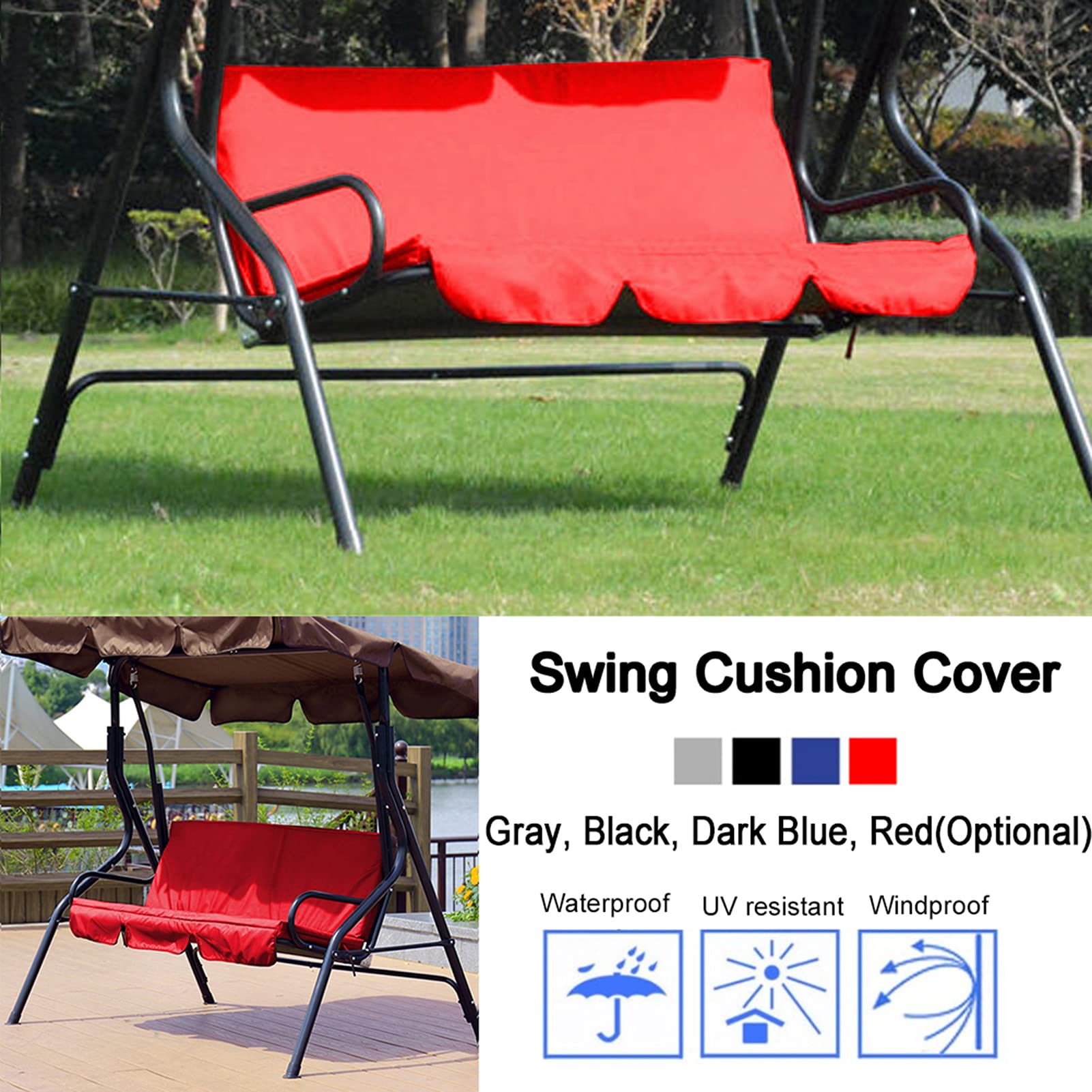 Swing Cushion Cover, 3 Seats Waterproof Swing Chair Hammock Seat Cushion Cover Canopy Replacement for Outdoor Garden Porch Courtyard (Ejoyoushusbg2my6x-14)