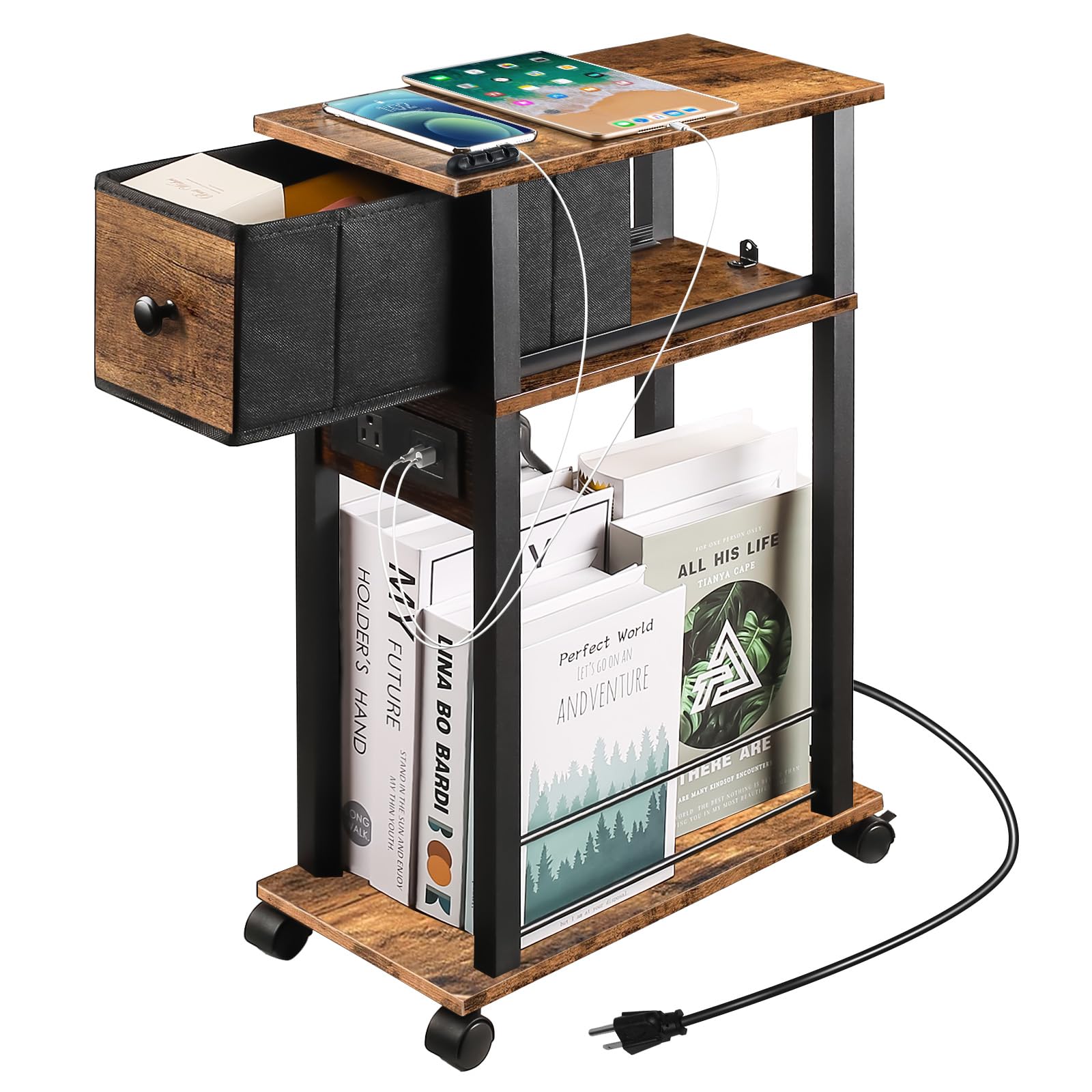 DGSANDGO Side Table with Charging Station and Drawer, Narrow End Table with USB Ports and Outlets for Small Space, Living Room, Bedroom and Office, with 4 Wheels Rustic Brown and Black