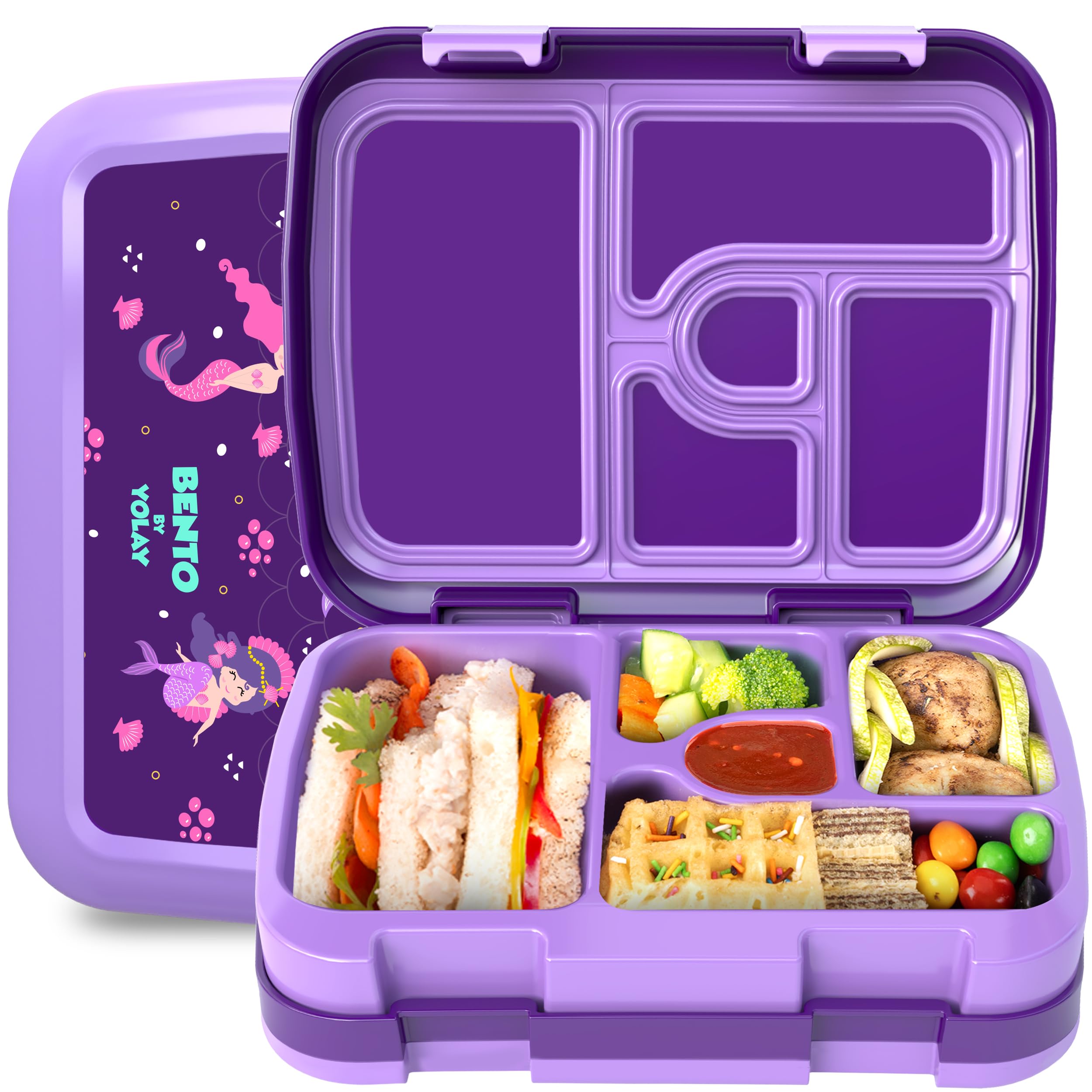 YOLAY Bento Box for Kids Lunch Box Leak-Proof, 5-Compartment Lunch Box Kids for Ages 3-10, Durable with Anti-Slip Base, Suitable for Schools, Outdoor and Travel (Mermaid)