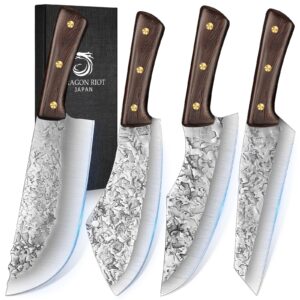 dragon riot professional butcher knife set for meat processing, 4pcs high carbon steel hand forged bbq knife set, chef cleaver knife set for kitchen outdoor cooking father's day gift