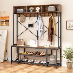 dwvo 5-in-1 hall tree with shoes storage, large coat rack shoe storage bench, 10 hooks for hallway entryway bench with coat rack, hall tree with bench and shoe storage, rustic brown