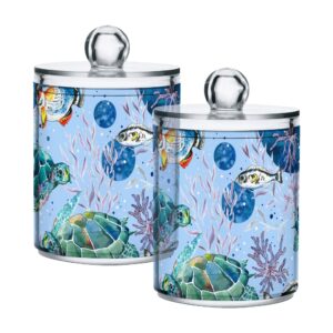 2 pack cute watercolor pattern sea turtles hawaiian fish coastal qtip holder dispenser for cotton ball, cotton swab, cotton round pads, floss picks - plastic apothecary jar set for bathroom canister s