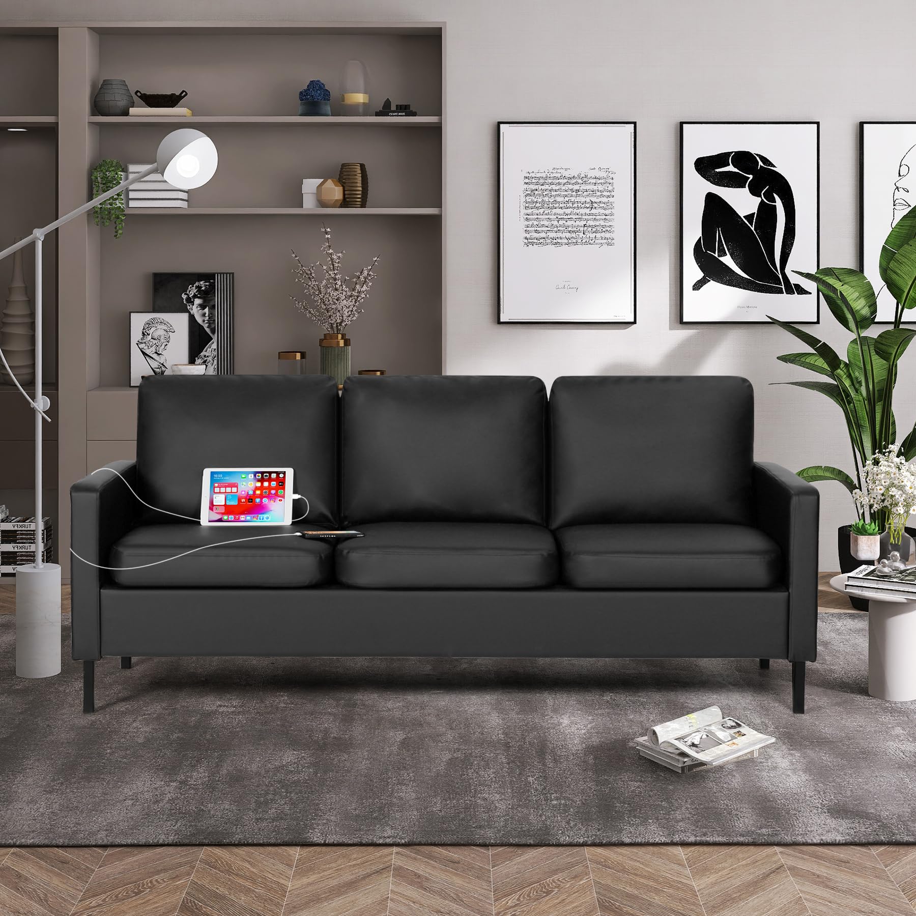 STHOUYN 72" W Faux Leather Black Sofa 3 Seat Couch, Modern Comfy Couch with 2 USB, Small Couches for Living Room Apartment Bedroom Small Spaces, Office Couch (Black (Sofa))