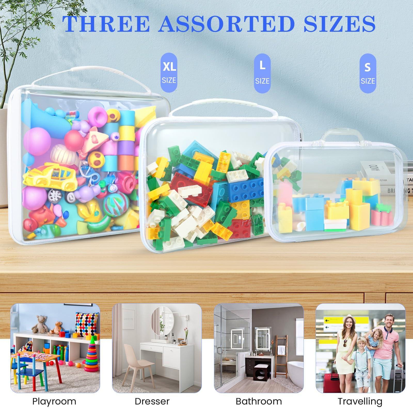 Fangtueh Storage Bags with Zippered Pouch Hard, Stackable Bliss Storage Bin with Handle Clear PVC Organizer for Board Games, Building Blocks, Puzzles, Kids Books - Travel Waterproof Organizer Bags