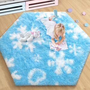 evoionos forzen princess tent rug, 4x4.6 feet frozen rugs for girls bedroom, fluffy snowflake rug for frozen room decor, plush carpet for kids room playroom nursery decor, cute hexagon blue rugs