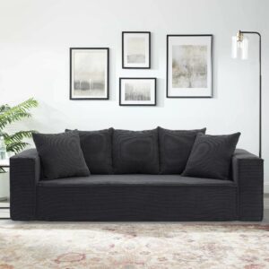 sumkea 3 seater sofa with 5 pillows, modern minimalist couch for living room, 89'’ oversized sofa with extra deep seats, vegan corduroy couch, black