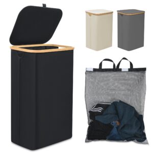 yokamira laundry hamper with lid，110l large laundry hamper with handle, lid and a removable laundry bag laundry baskets for bedrooms - bamboo bathroom tall laundry bin (black)