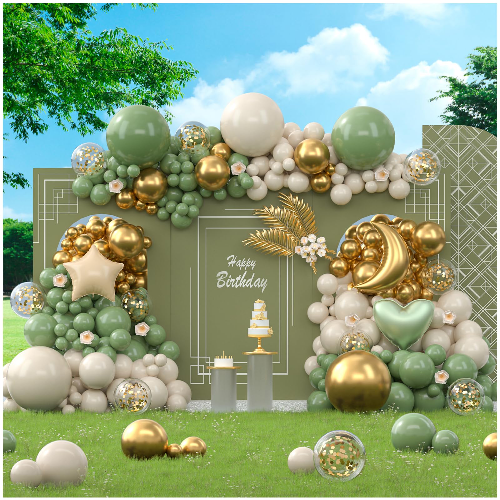 300pcs Sage Green White Sand Gold Balloons Garland Arch Kit, Different Sizes 5/10/12/18in Gold Confetti Balloon for Wedding Birthday Bridal Graduation Baptism Shower Party Decorations Supplies