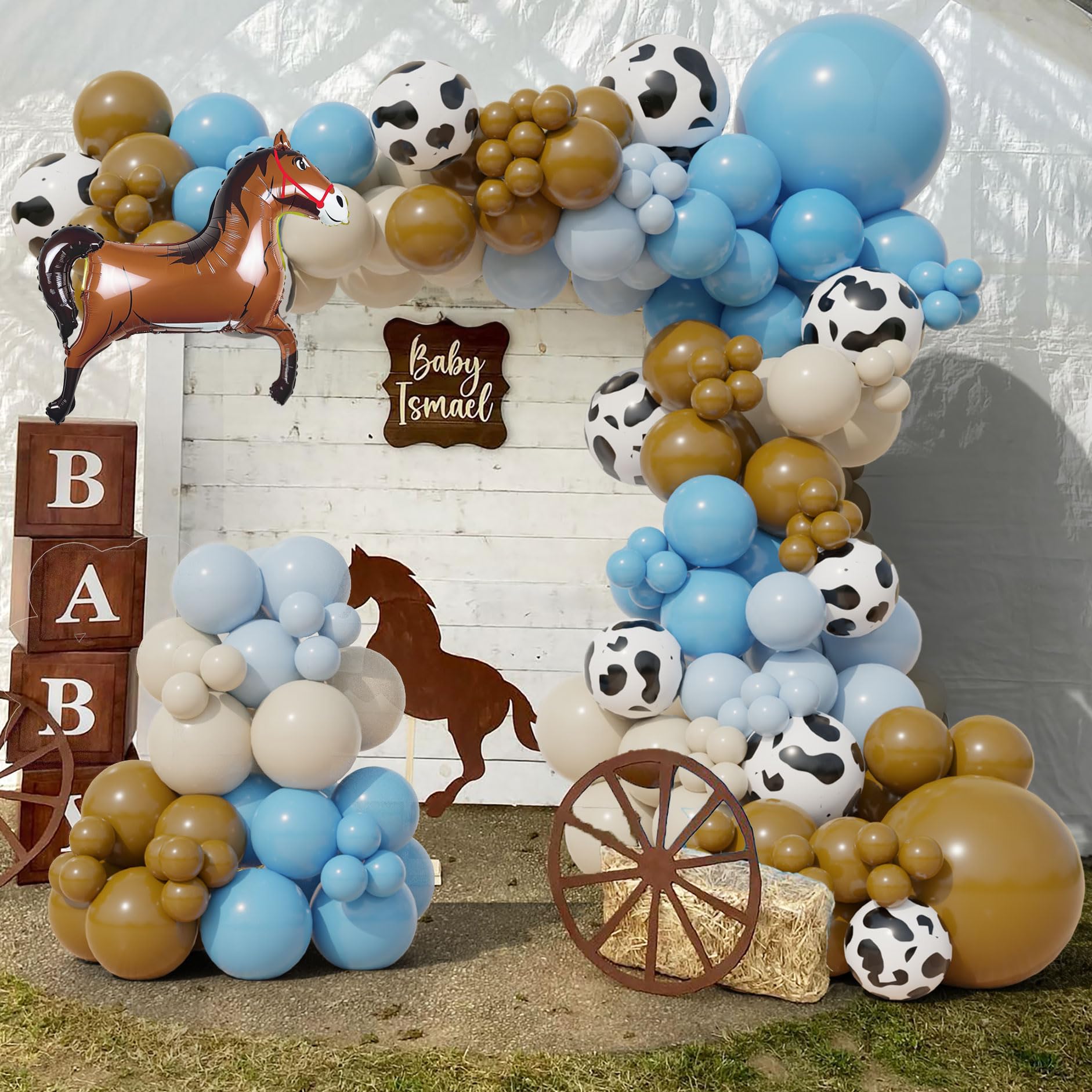 146pcs Cowboy Balloon Arch Brown, Blue, Cow Print Balloons Giant Horse Balloon Farm Highland Cow Vaquero Party Decorations Western & Rodeo Birthday Holy Cow Baby Shower Themed Party Supplies For Boy