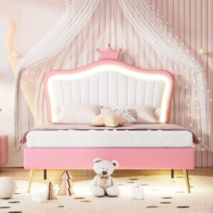 hzsmhdzkj full size upholstered platform bed with led lights and crown headboard,modern princess bed frame with wood slats support and metal feets for kids teens boys girls (white+pink-01)