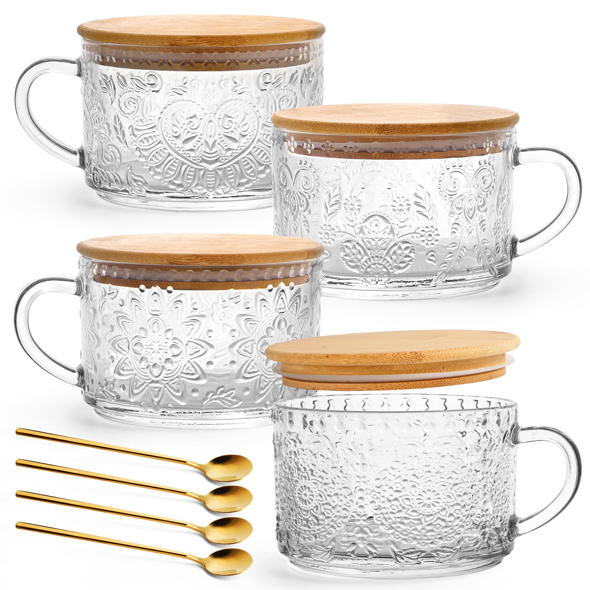 YORY 4-Pack Vintage Glass Mugs with Bamboo lids and Spoons Coffee Tea Cups Gifts for Women Overnight Oats Containers 14oz,