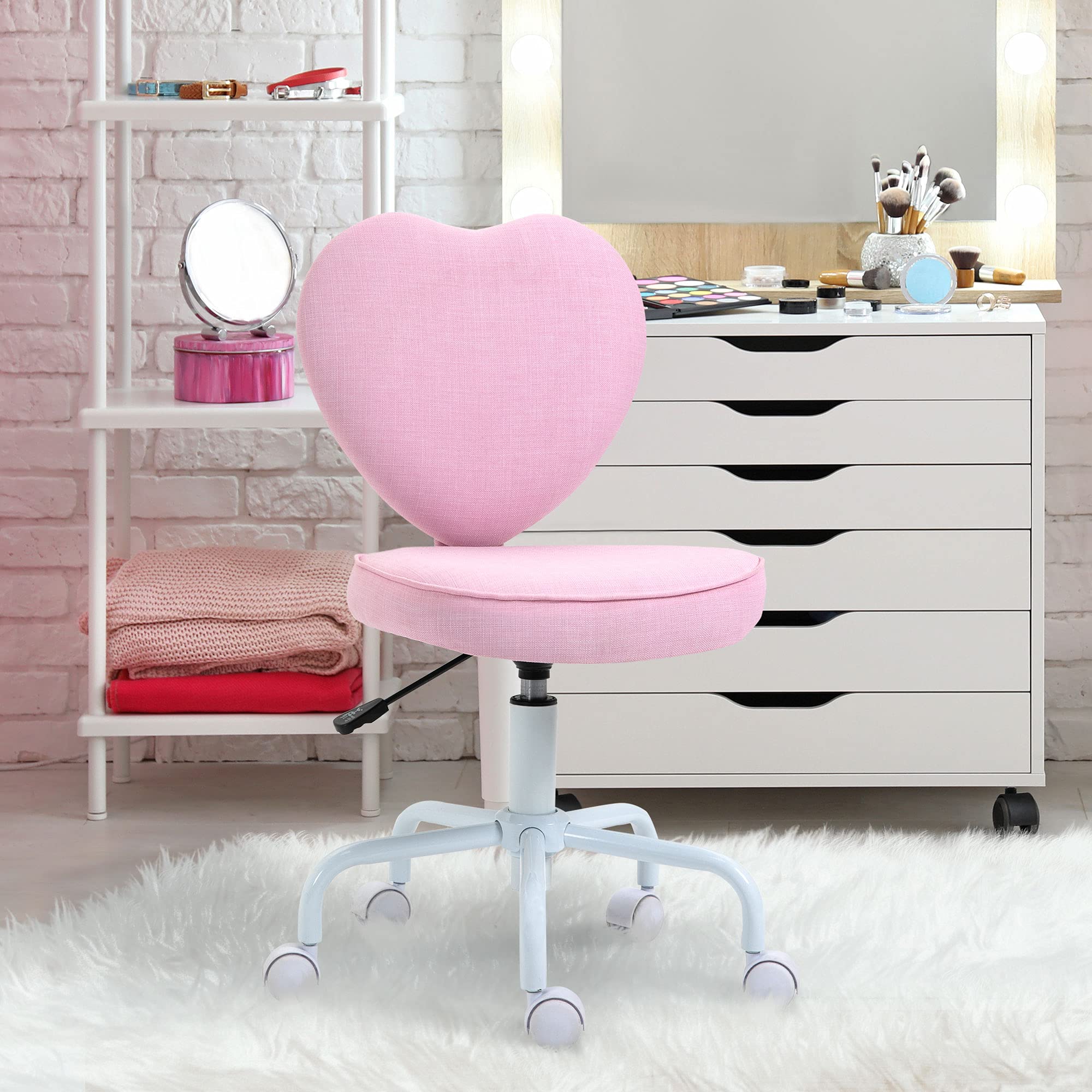 HOMCOM Heart Love Back Armless Office Chair, Comfortable Desk Chair with Adjustable Height, Cute Fabric Vanity Chair with 360 ° Swivel Wheels, Pink