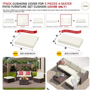 ClawsCover 7Pack Outdoor Patio Seat and Back Cushions Replacement Covers Fit for 3/5 Pieces 4-Seater Wicker Rattan Furniture Conversation Set Sectional Couch,Cream-Small (Include Cover Only)