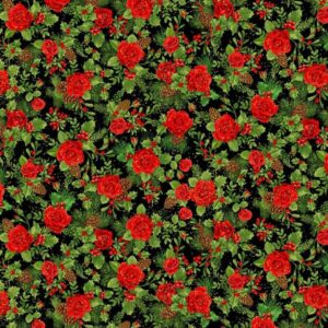 timeless treasures holiday winter rose small christmas bouquets with metallic gold accents on black cotton fabric by the yard, gold, black, green, and red, cm2899-cream