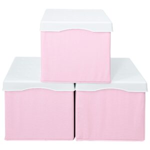 storageideas thick stackable storage bins with lids, 3-pack collapsible storage boxes organizer, heavy-duty storage containers baskets cubes with thick lids for bedroom, closet, office, pink