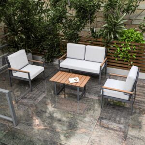 kmx aluminum patio furniture set, 4-piece conversation sofa set with high backrests, off-white cushions and a chic table - outdoor conversation sofa set for all-weather. easy install, rust-proof