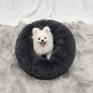 Cat Beds for Indoor Cats, Small Dog Bed Calming Plush Cat Bed Anti-Slip Round Fluffy Dog Bed Donut Dog Bed Soft Puppy Pet Bed Cat Beds Kitten Beds for Indoor Kittens (15.7", Dark Grey)