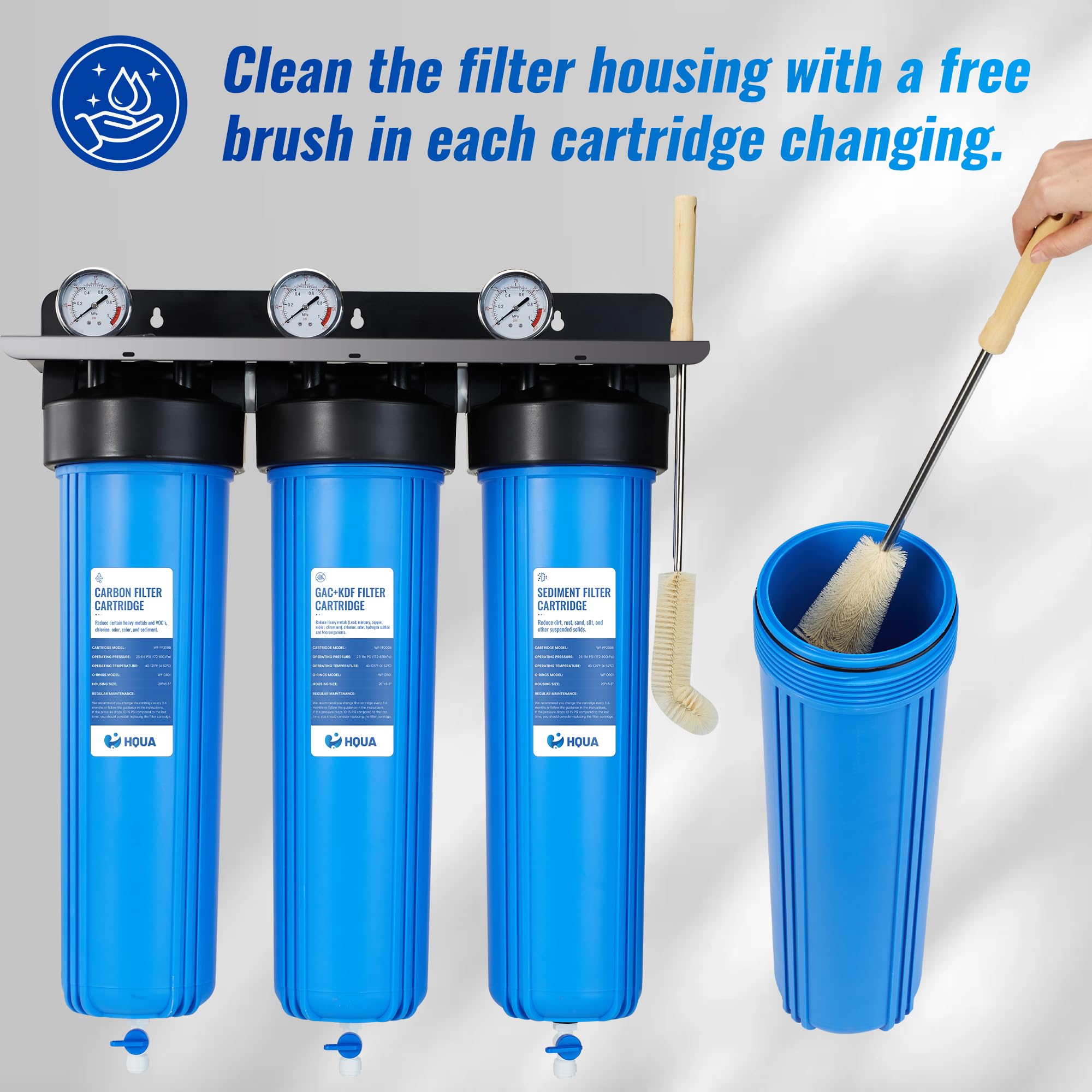 HQUA WF3-01 3-Stage Whole House Water Filtration System, Reduces Heavy Metals (Lead, Mercury, Copper, Nickel, Chromium), Chloramine, Sediment, Odor, and VOC’s (Sediment Heavy Metal Carbon 3 Stage)