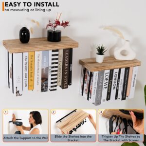 SnugLife Floating Book Shelves for Wall Mounted Set of 2 - Upside Down Space Saving Unique Wall Bookshelf, Rustic Wood Floating Bookshelves, Hanging Bookshelf for Bedroom, Living Room Decor & Storage