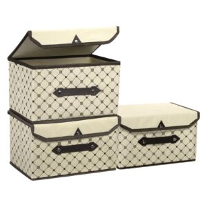 patikil fabric collapsible storage bin 10.2 x 7.5 x 6.3 inch, 3 pcs foldable storage box cube with lids and handle organizer container for home bedroom closet clothes, beige plaid