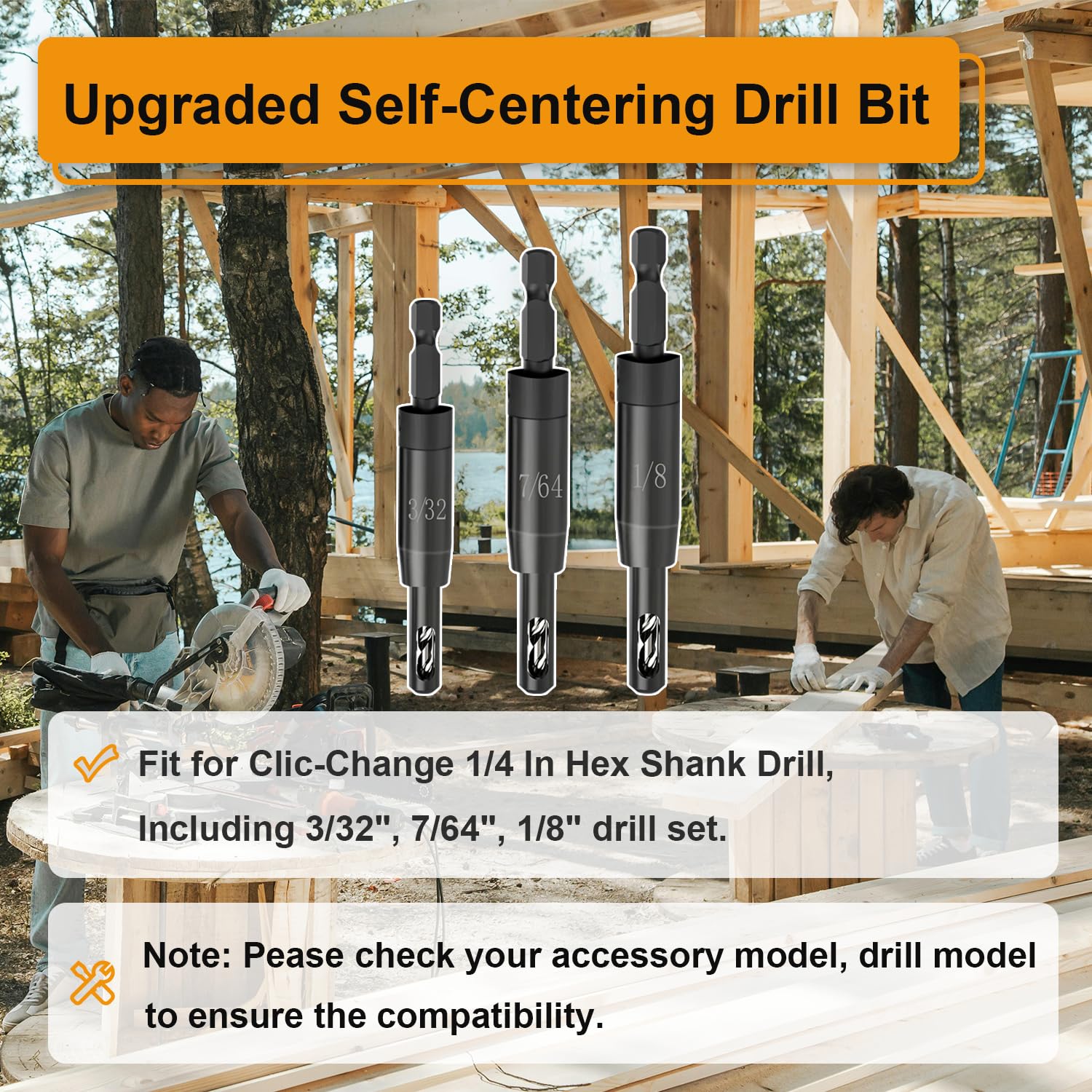 Upgraded CC2430 3/32", 7/64", 1/8" Self Centering Drill Bit VIX Bit for 1/4 in Clic-Change Hex Shank Drill, #6 8 10 Self Centering Hinge Drill Bit Center Finding Drill Bit Set, 3 Piece