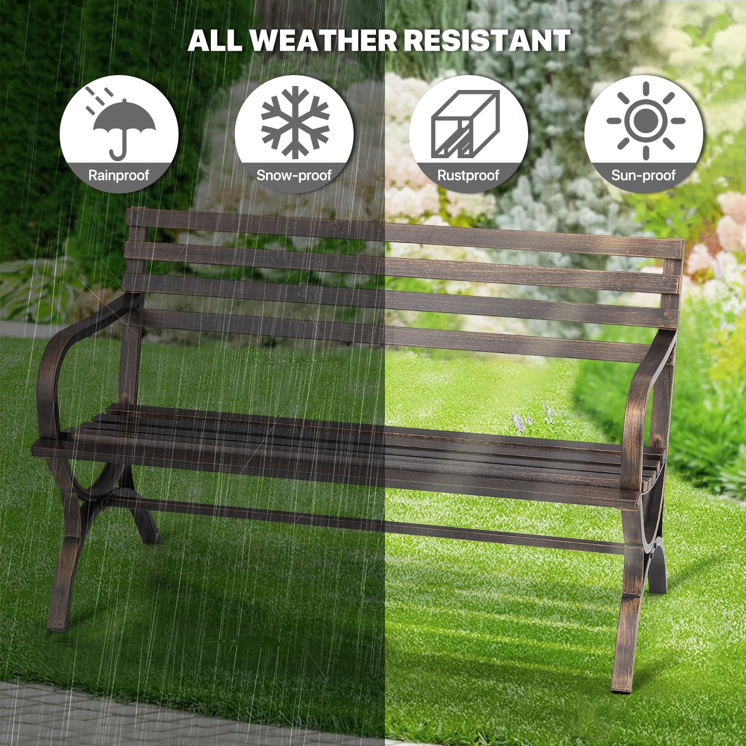 MoNiBloom 50" Patio Bench for 2 Person, Metal Frame Patio Park Bench with Slatted Seat and Backrest, Arch Legs Outside Bench for Porch, Lawn and Garden, Bronze