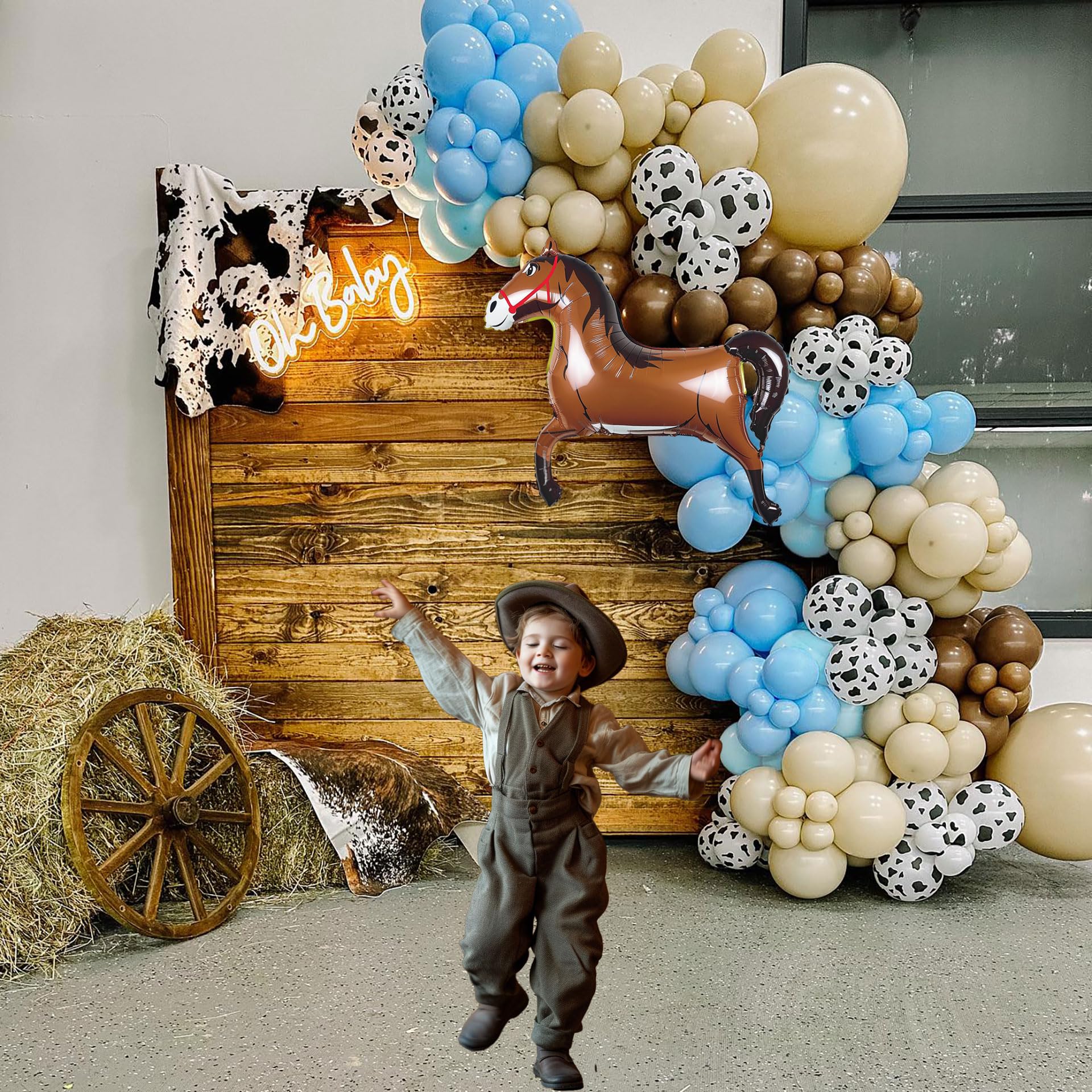 146pcs Cowboy Balloon Arch Brown, Blue, Cow Print Balloons Giant Horse Balloon Farm Highland Cow Vaquero Party Decorations Western & Rodeo Birthday Holy Cow Baby Shower Themed Party Supplies For Boy