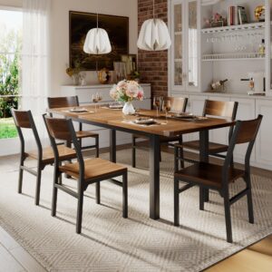 ipormis 7-piece dining table set with 6 chairs, 63" extendable kitchen table & chairs set for 4-6, dining room table with metal frame & mdf board, perfect for small space, easy clean, walnut