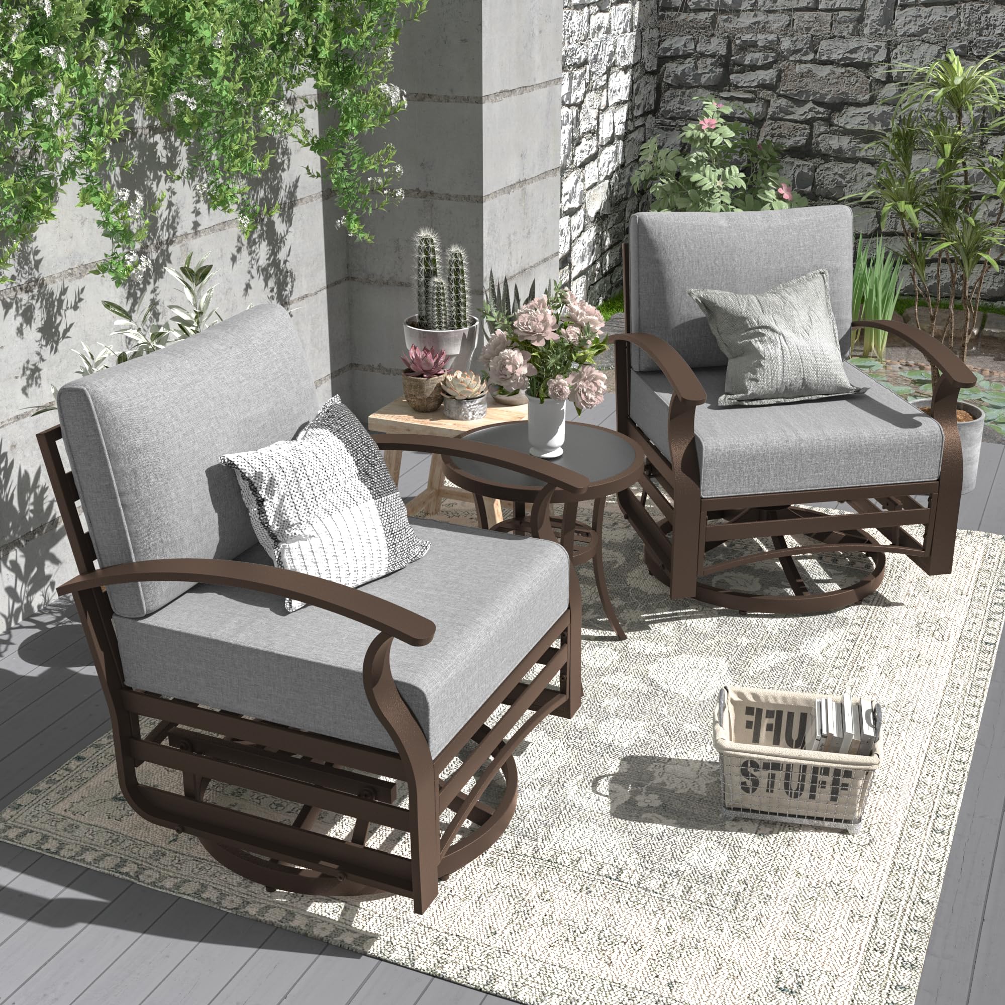 Knnbxa Aluminum Patio Furniture Set 8-Seat Metal Modular Outdoor Patio Conversation Sectional w/Swivel & Rocking Sofas and Coffee Table for Deck,Backyard,Lawn,Grey