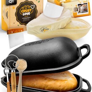 CRUSTLOVE Cast Iron Bread Pan with Lid - incl. Sourdough Bread Baking Supplies like Banneton Bread Proofing Basket - 7.2QT Bread Oven Dutch Oven for Bread Baking Cast Iron Pan Scoring Tool Lame