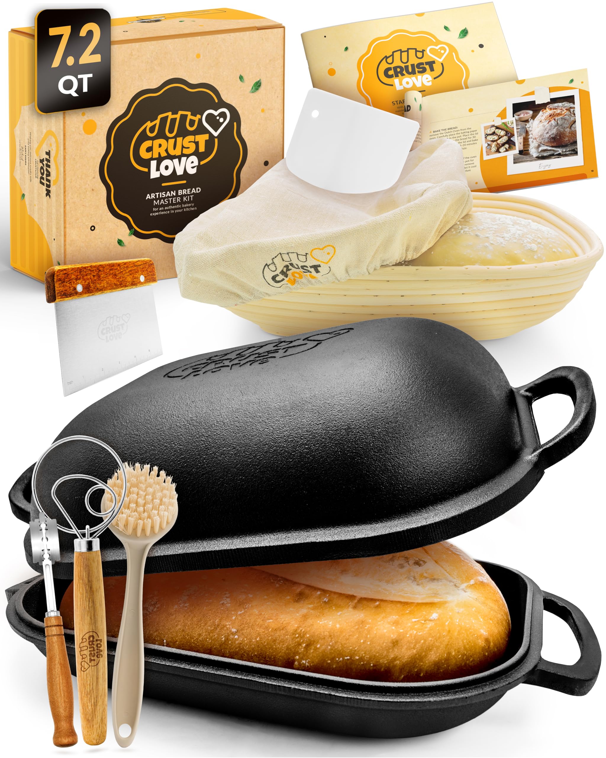 CRUSTLOVE Cast Iron Bread Pan with Lid - incl. Sourdough Bread Baking Supplies like Banneton Bread Proofing Basket - 7.2QT Bread Oven Dutch Oven for Bread Baking Cast Iron Pan Scoring Tool Lame