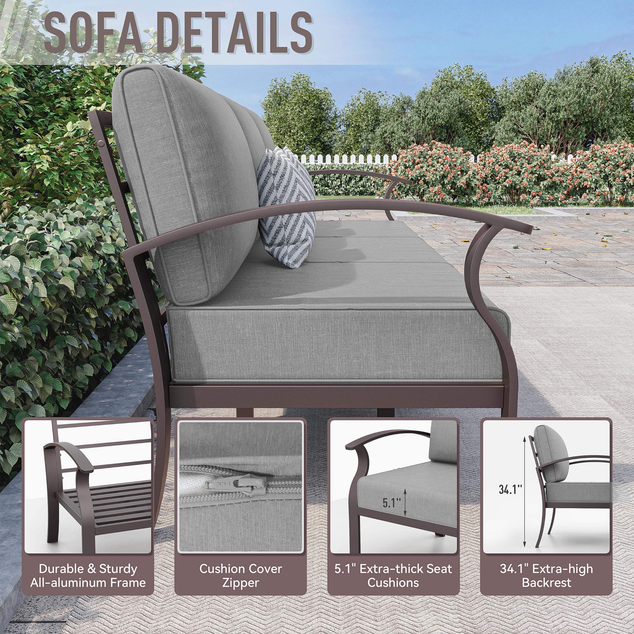 Knnbxa Aluminum Patio Furniture Set 8-Seat Metal Modular Outdoor Patio Conversation Sectional w/Swivel & Rocking Sofas and Coffee Table for Deck,Backyard,Lawn,Grey